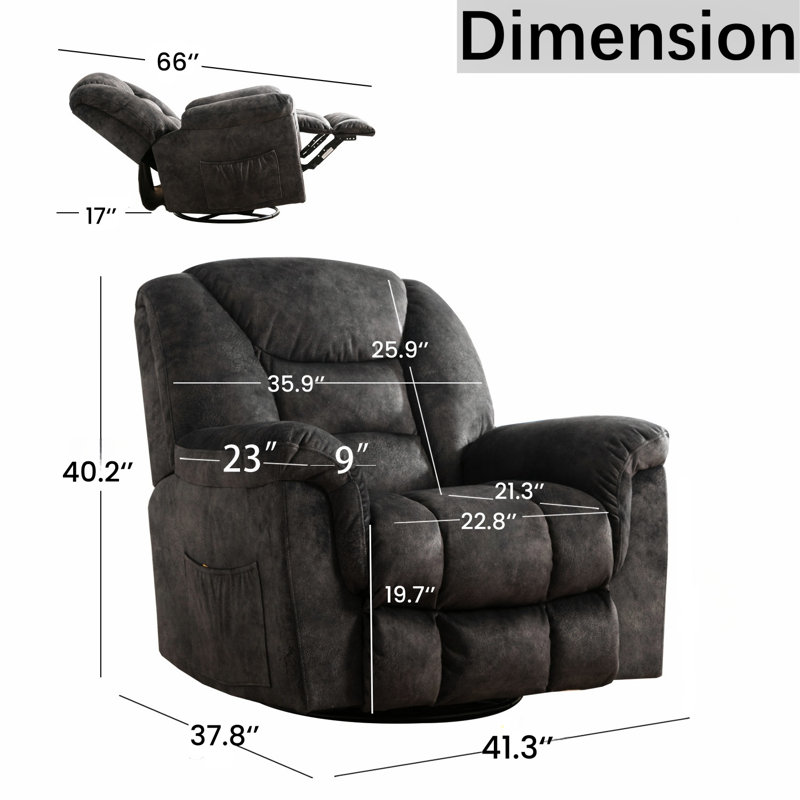 Flournory 41.3 Wide Classic Super Soft And Oversize Swivel and Rocker Manual Recliner Gray Velvet